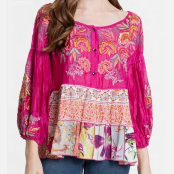 John Mark | Tops | John Mark X Pink And Mixed Fabric Peasant Top | Poshmark